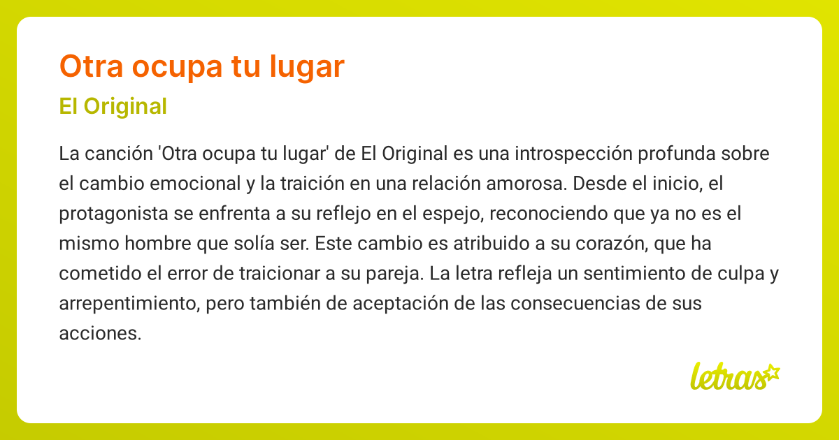 Significado de la canción OTRA OCUPA TU LUGAR (El Original) - LETRAS.COM