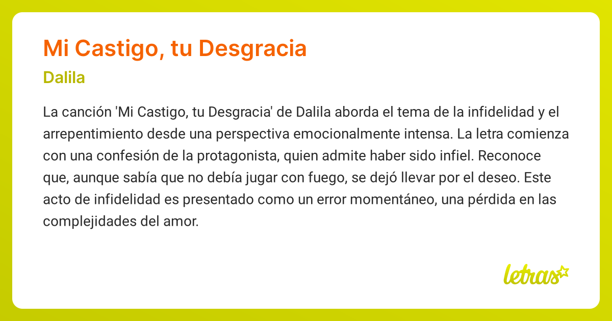 Significado de la canción MI CASTIGO, TU DESGRACIA (Dalila) - LETRAS.COM