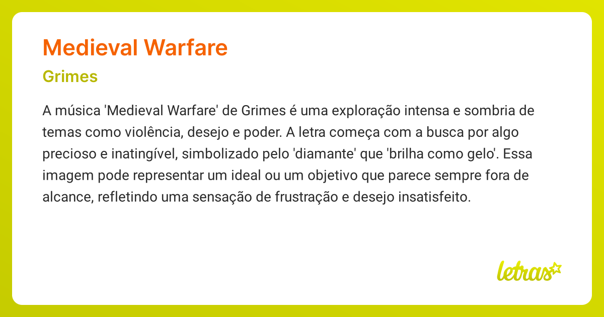 Significado da música MEDIEVAL WARFARE (Grimes) - LETRAS.MUS.BR