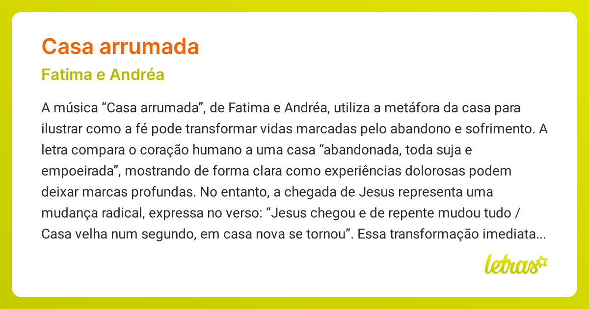 Significado da música CASA ARRUMADA (Fatima e Andréa) - LETRAS.MUS.BR