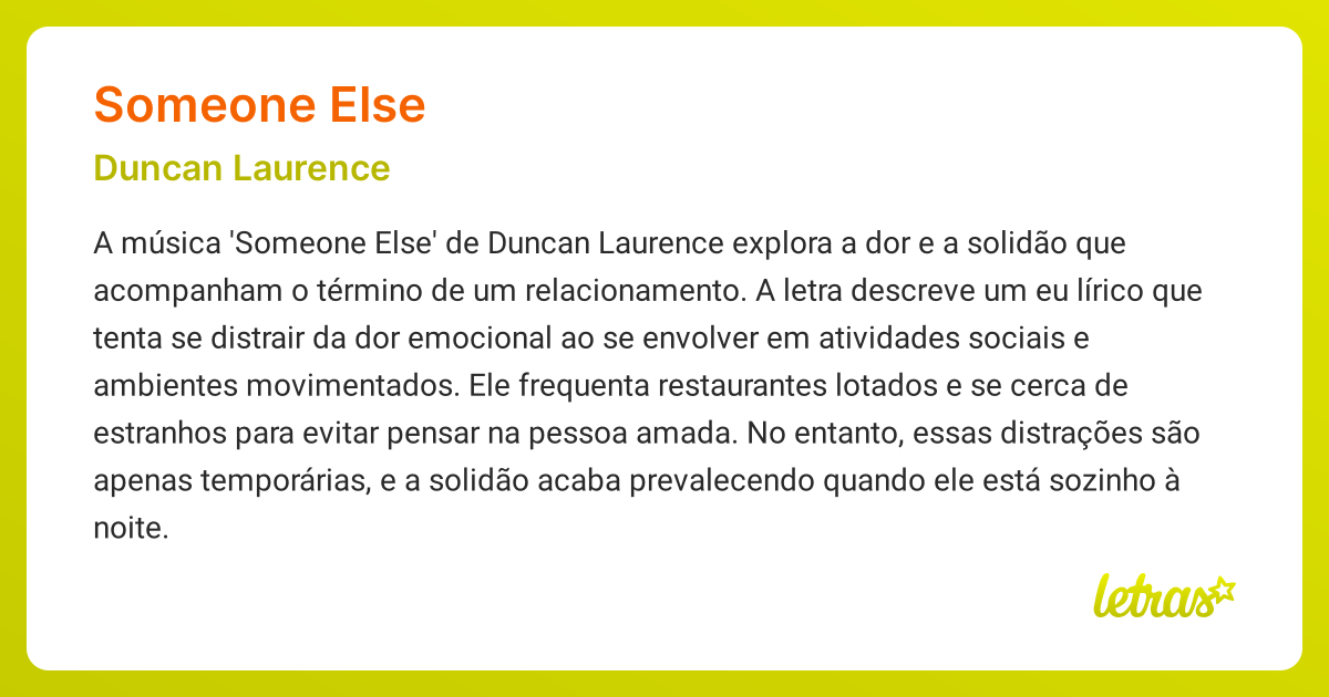 Significado da música SOMEONE ELSE (Duncan Laurence) - LETRAS.MUS.BR