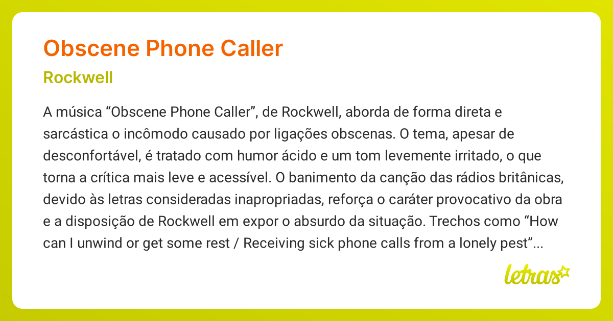 Significado da música OBSCENE PHONE CALLER (Rockwell) - LETRAS.MUS.BR