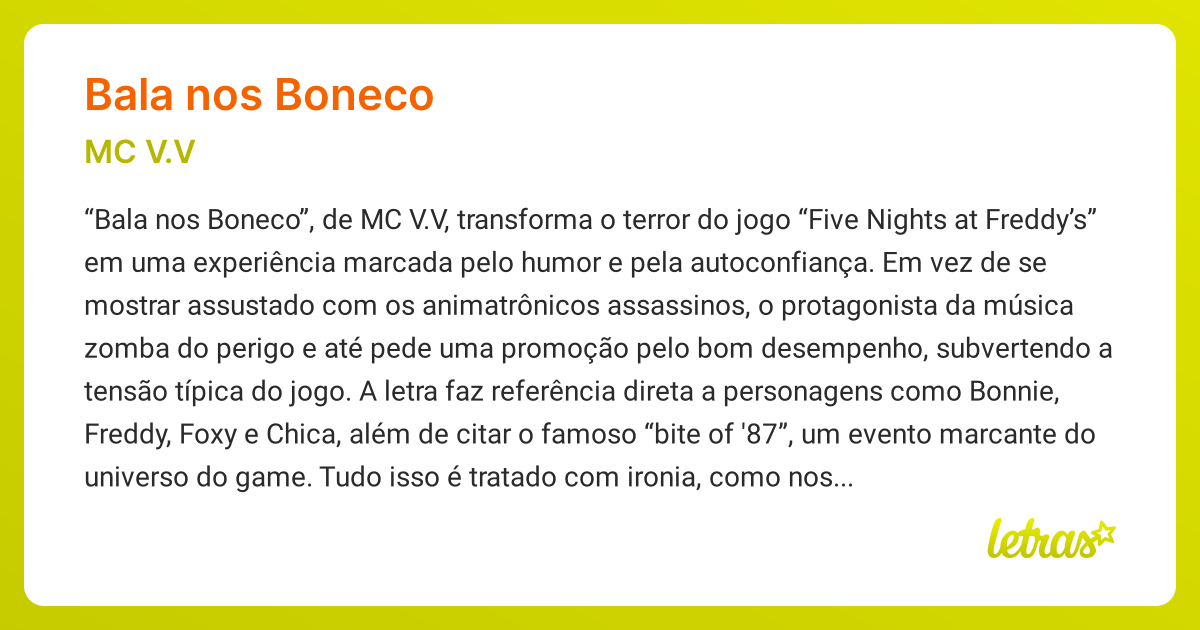 Significado da música BALA NOS BONECO (MC V.V) - LETRAS.MUS.BR
