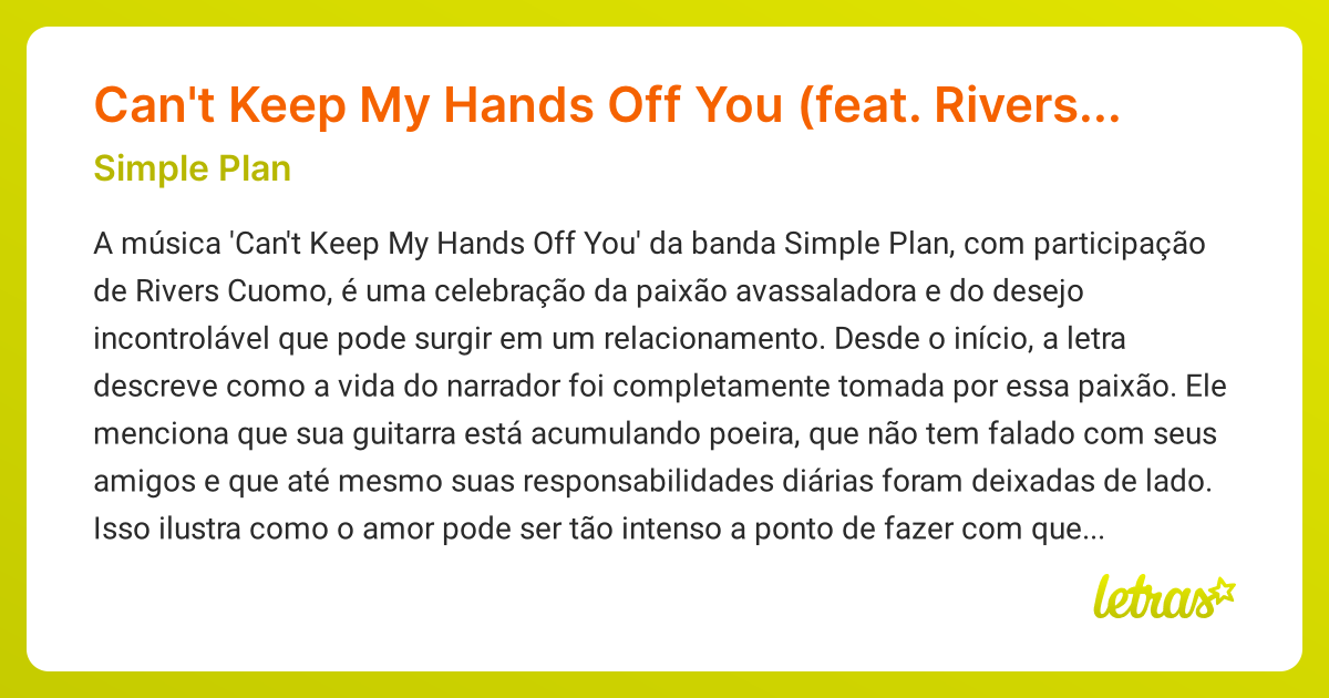 Significado da música Can't Keep My Hands Off You (feat. Rivers Cuomo ...