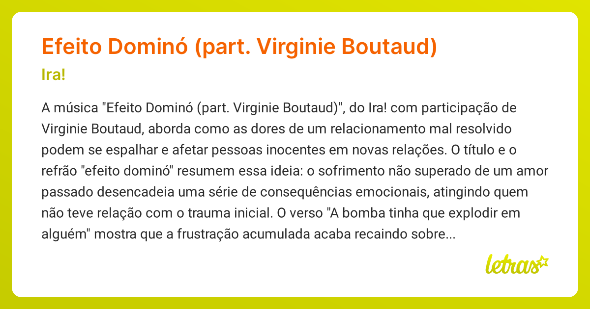 Significado da música Efeito Dominó (part. Virginie Boutaud) (Ira ...
