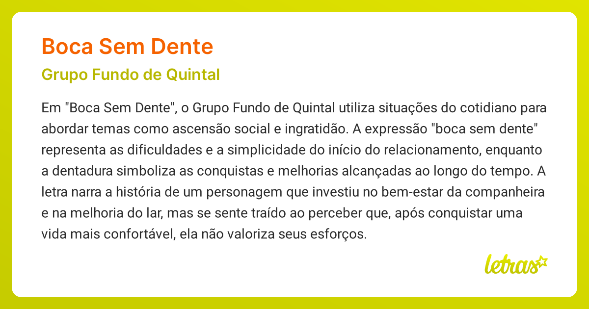Significado da música BOCA SEM DENTE (Grupo Fundo de Quintal) - LETRAS ...