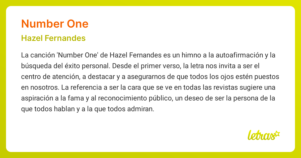 Significado de la canción NUMBER ONE (Hazel Fernandes) - LETRAS.COM