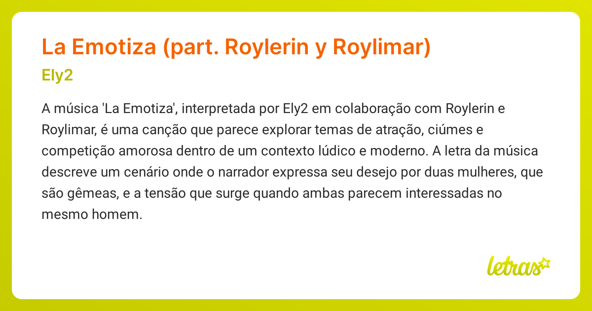Significado da música La Emotiza (part. Roylerin y Roylimar) (Ely2 ...