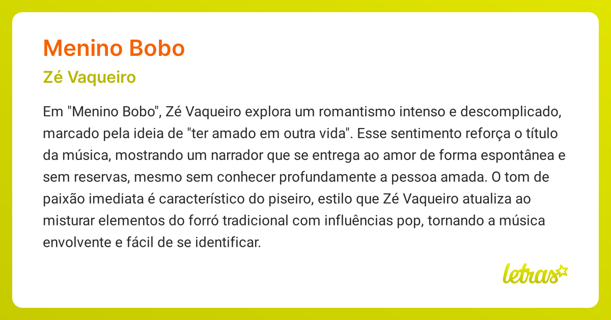 Significado da música MENINO BOBO (Zé Vaqueiro) - LETRAS.MUS.BR