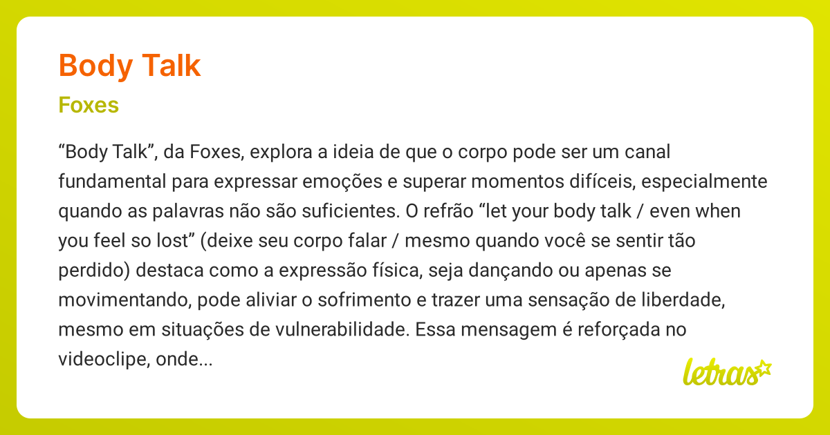 Significado da música BODY TALK (Foxes) - LETRAS.MUS.BR