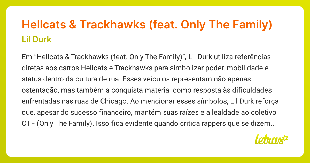 Significado da música Hellcats & Trackhawks (feat. Only The Family ...