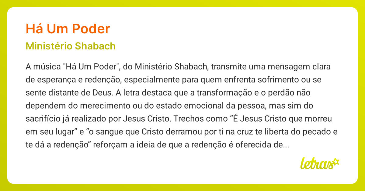 Significado da música HÁ UM PODER (Ministério Shabach) - LETRAS.MUS.BR
