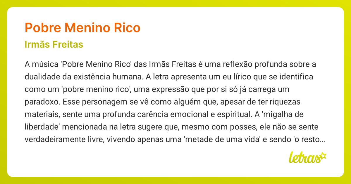 Significado da música POBRE MENINO RICO (Irmãs Freitas) - LETRAS.MUS.BR