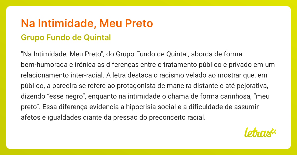 Significado da música NA INTIMIDADE, MEU PRETO (Grupo Fundo de Quintal ...