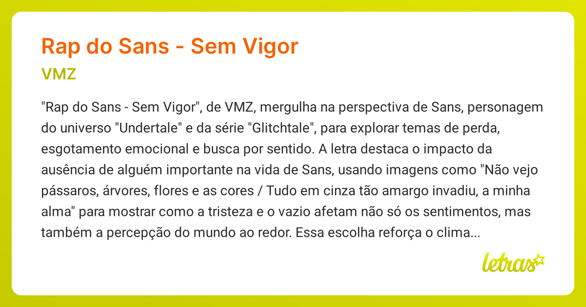 Significado da música RAP DO SANS - SEM VIGOR (VMZ) - LETRAS.MUS.BR