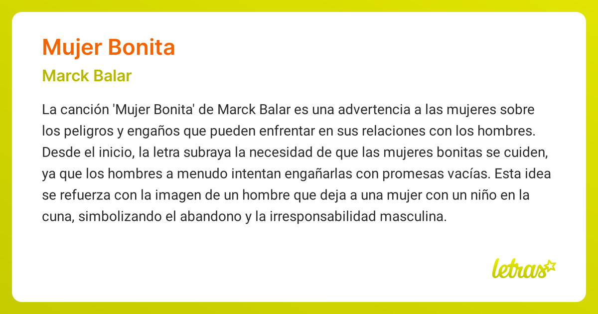 Significado de la canción MUJER BONITA (Marck Balar) - LETRAS.COM