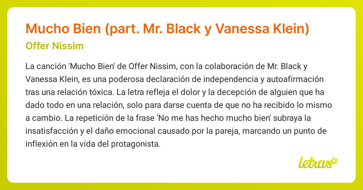 Significado de la canción Mucho Bien (part. Mr. Black y Vanessa Klein ...
