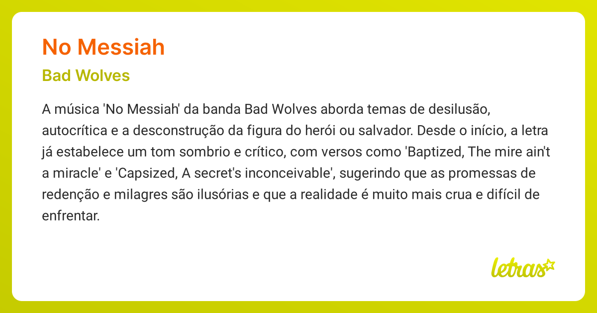 Significado da música NO MESSIAH (Bad Wolves) - LETRAS.MUS.BR