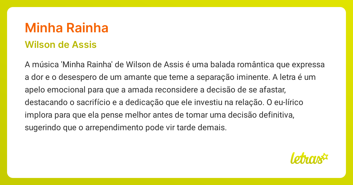Significado da música MINHA RAINHA (Wilson de Assis) - LETRAS.MUS.BR