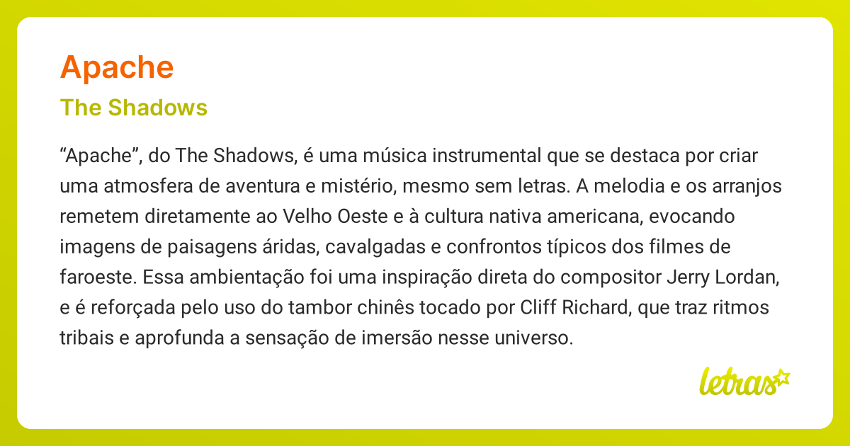 Significado da música APACHE (The Shadows) - LETRAS.MUS.BR