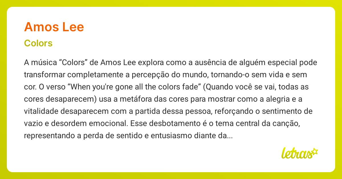 Significado da música AMOS LEE (Colors) - LETRAS.MUS.BR