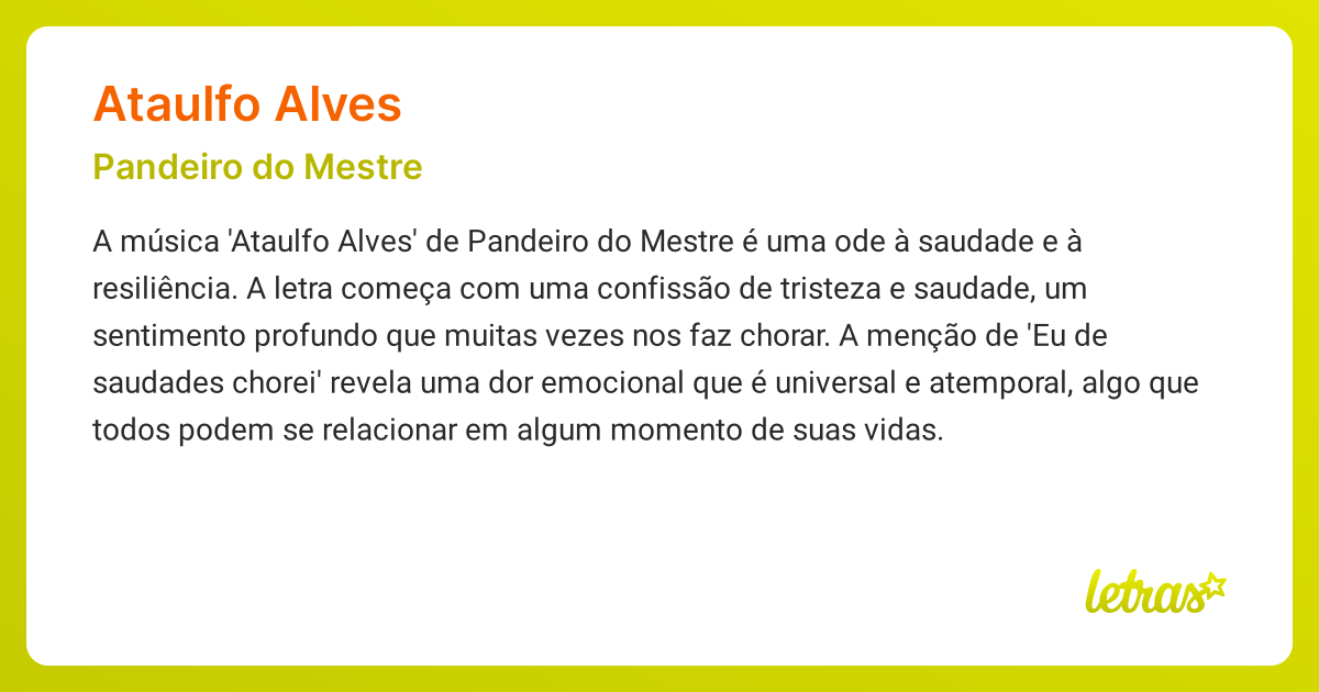 Significado da música ATAULFO ALVES (Pandeiro do Mestre) - LETRAS.MUS.BR