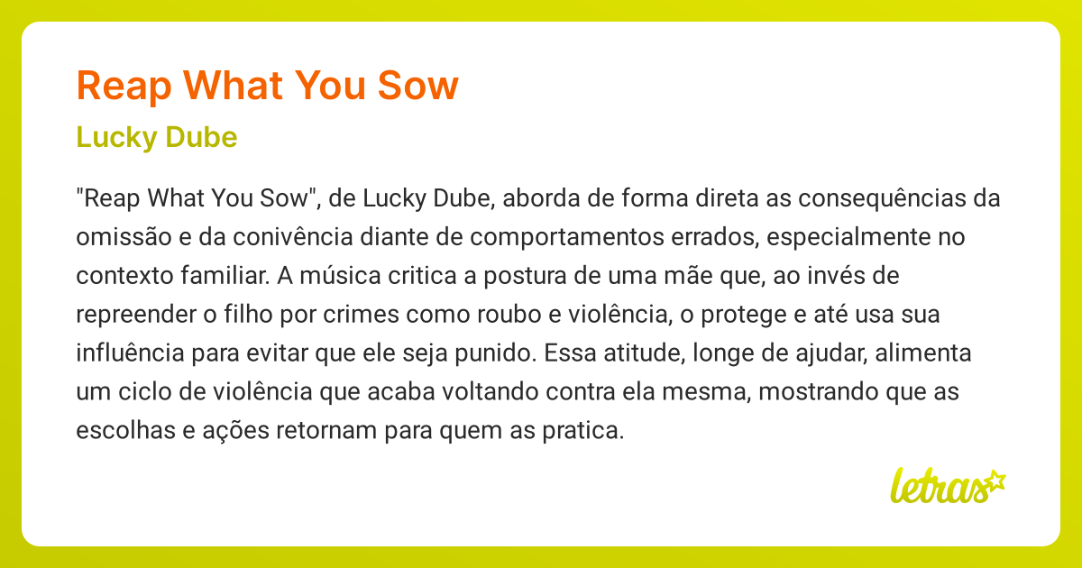 Significado da música REAP WHAT YOU SOW (Lucky Dube) - LETRAS.MUS.BR