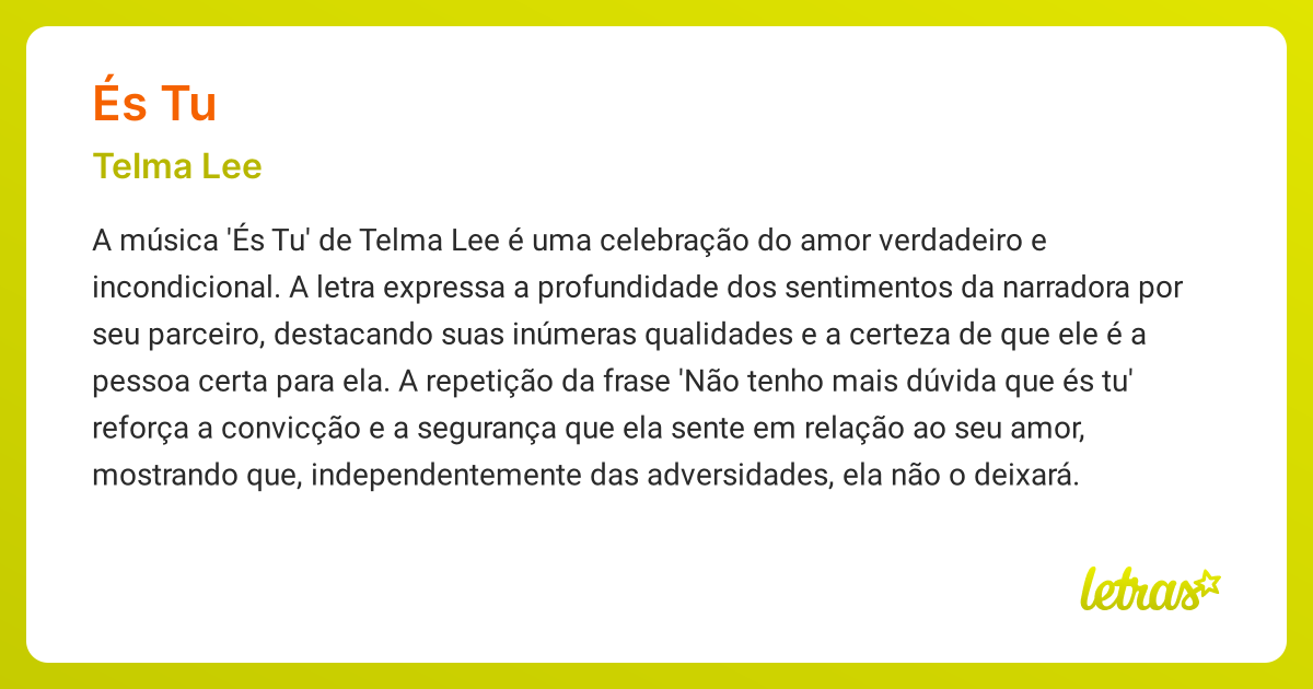 Significado da música ÉS TU (Telma Lee) - LETRAS.MUS.BR