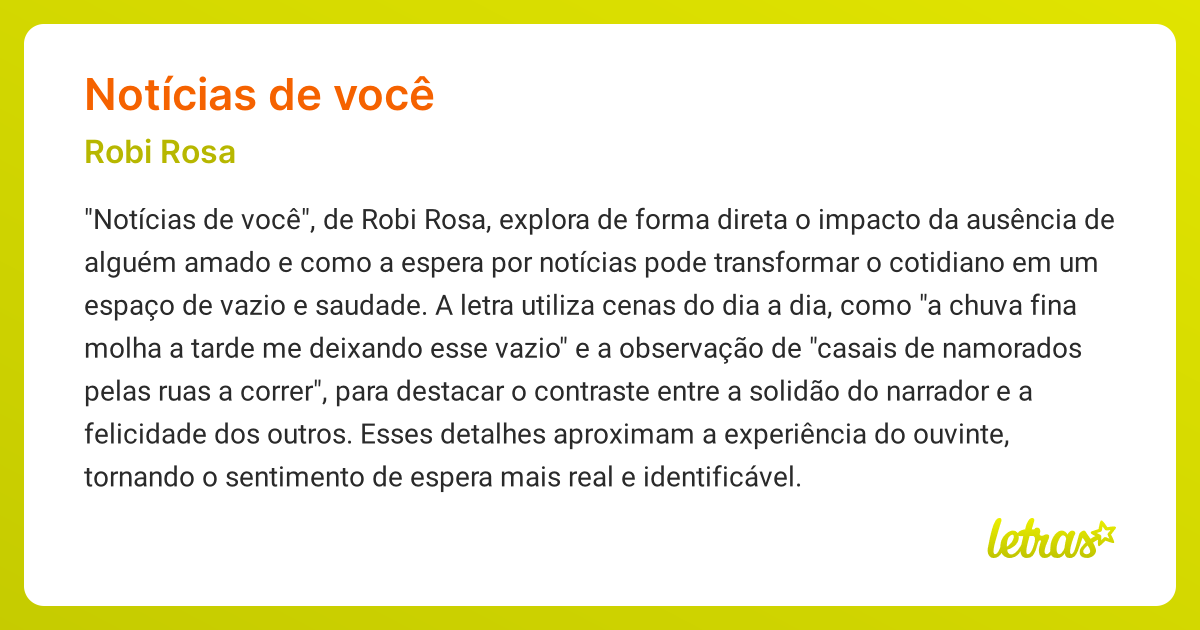 Significado da música NOTÍCIAS DE VOCÊ (Robi Rosa) - LETRAS.MUS.BR