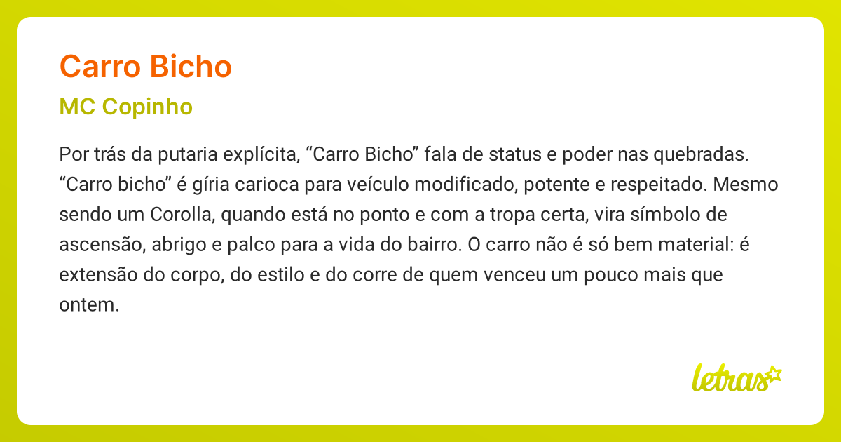 Significado da música CARRO BICHO (MC Copinho) - LETRAS.MUS.BR