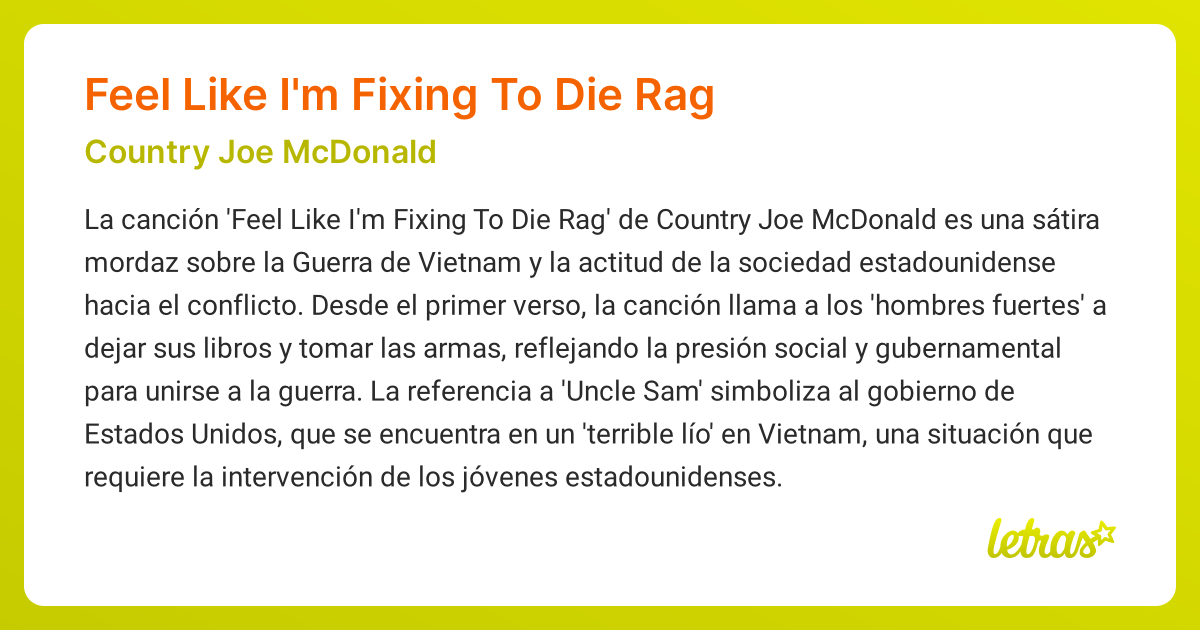 Significado de la canción Feel Like I'm Fixing To Die Rag (Country Joe ...