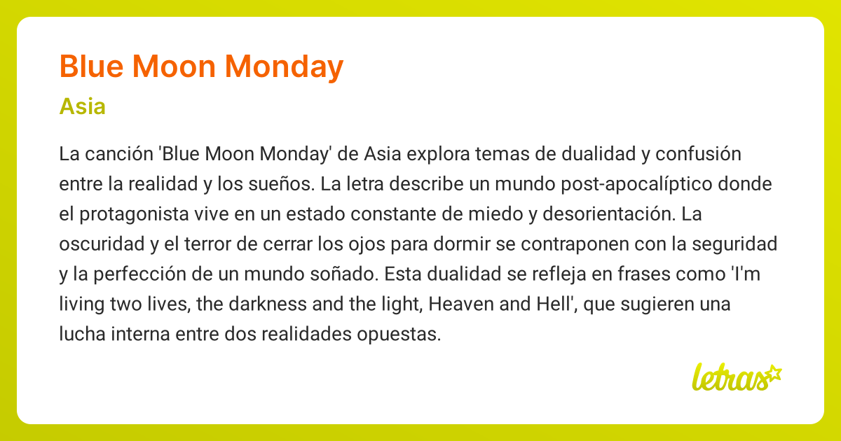 Significado de la canción BLUE MOON MONDAY (Asia) - LETRAS.COM