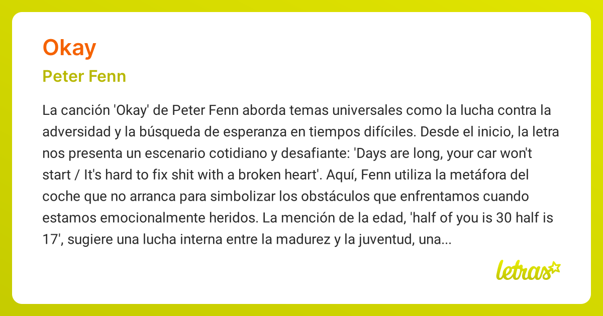 Significado de la canción OKAY (Peter Fenn) - LETRAS.COM