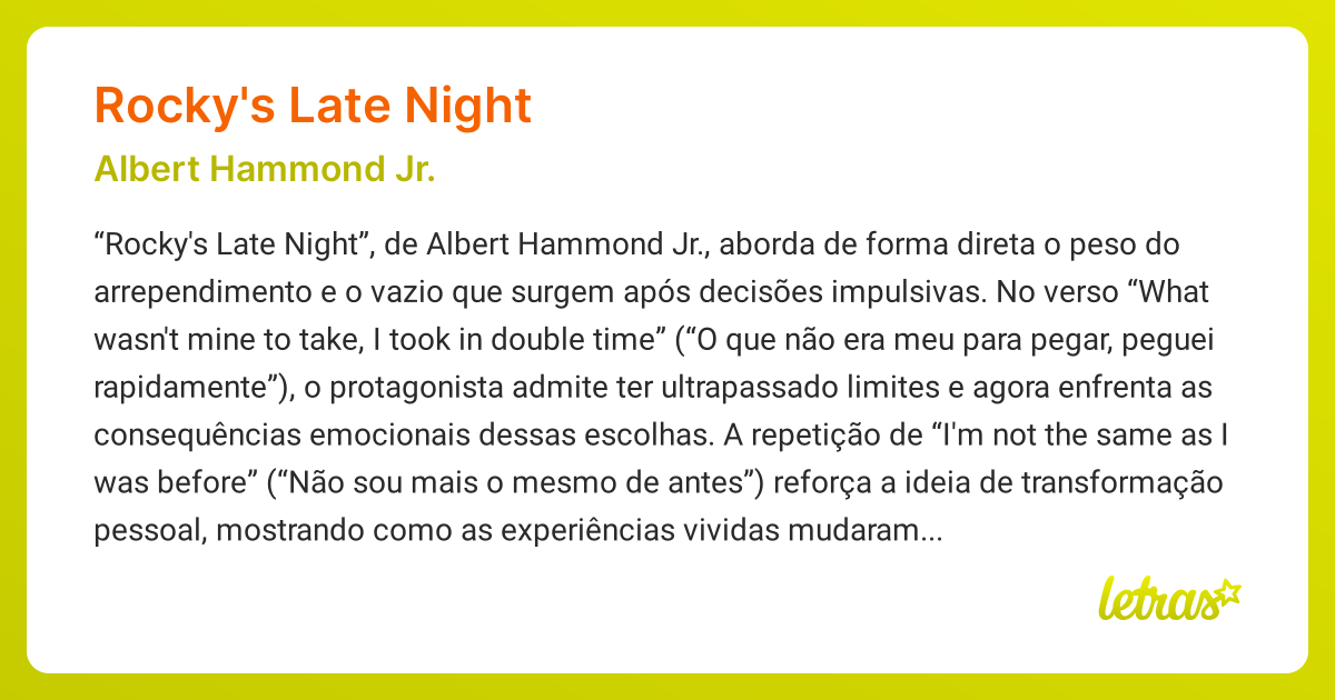 Significado da música ROCKY'S LATE NIGHT (Albert Hammond Jr.) - LETRAS ...