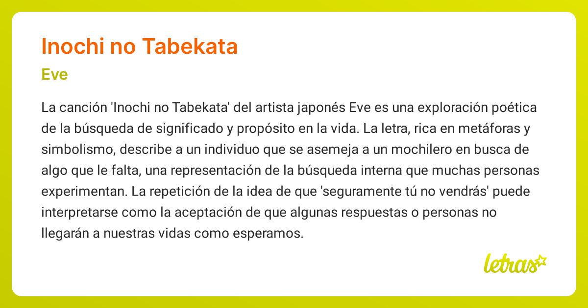 Significado de la canción INOCHI NO TABEKATA (Eve) - LETRAS.COM