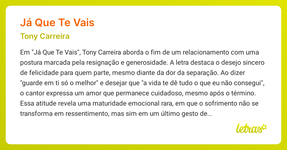 Significado da música JÁ QUE TE VAIS (Tony Carreira) - LETRAS.MUS.BR