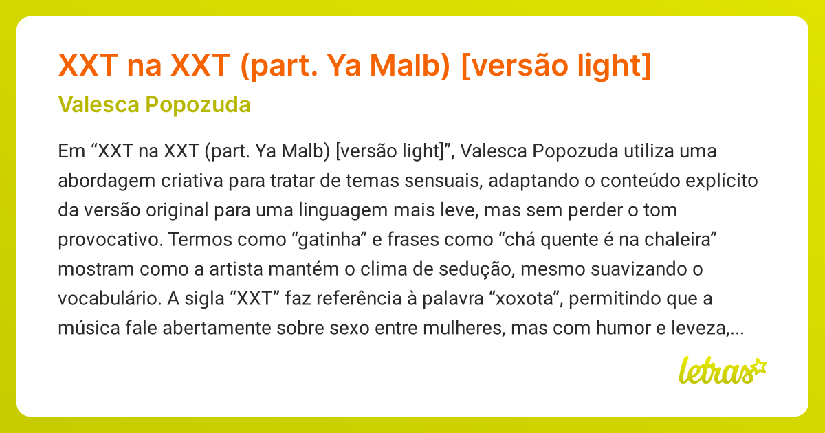 Significado da música XXT na XXT (part. Ya Malb) [versão light ...