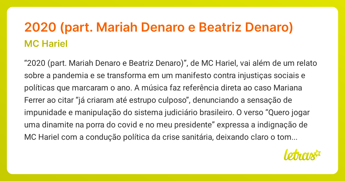 Significado da música 2020 (part. Mariah Denaro e Beatriz Denaro) (MC ...