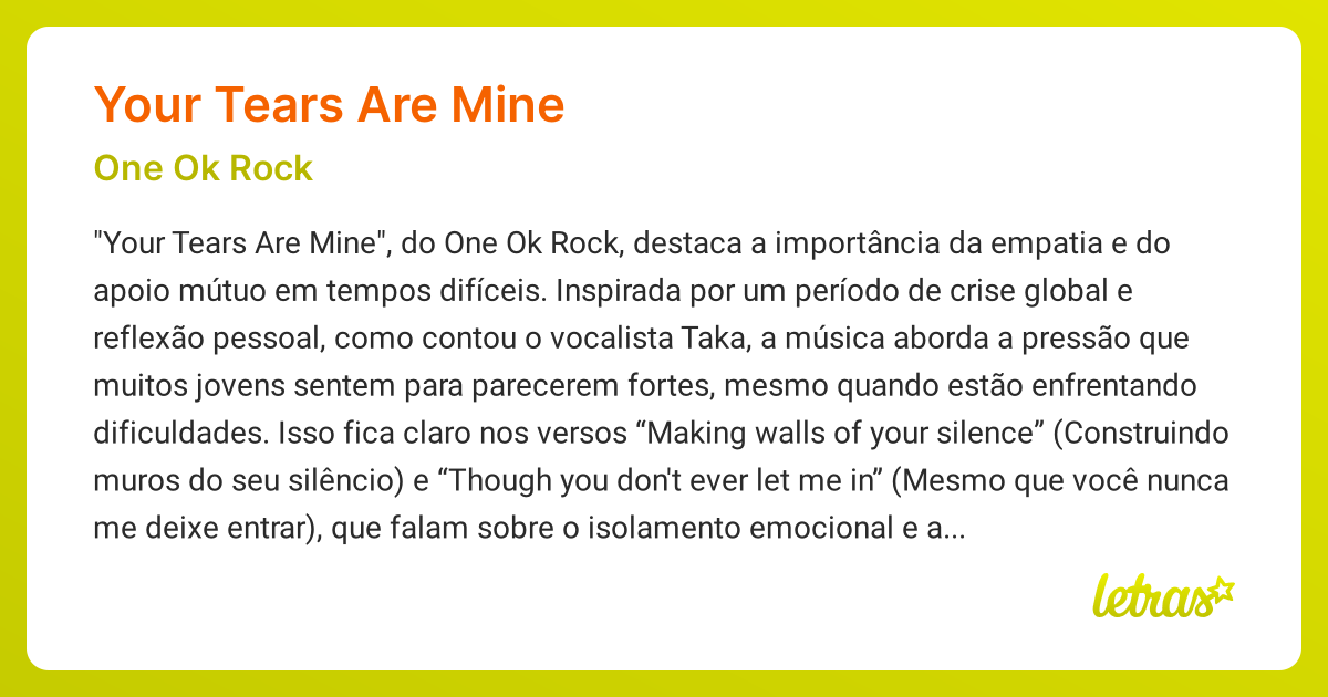Significado da música YOUR TEARS ARE MINE (One Ok Rock) - LETRAS.MUS.BR