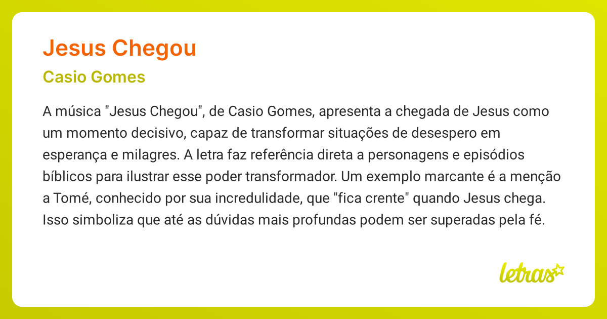 Significado da música JESUS CHEGOU (Casio Gomes) - LETRAS.MUS.BR