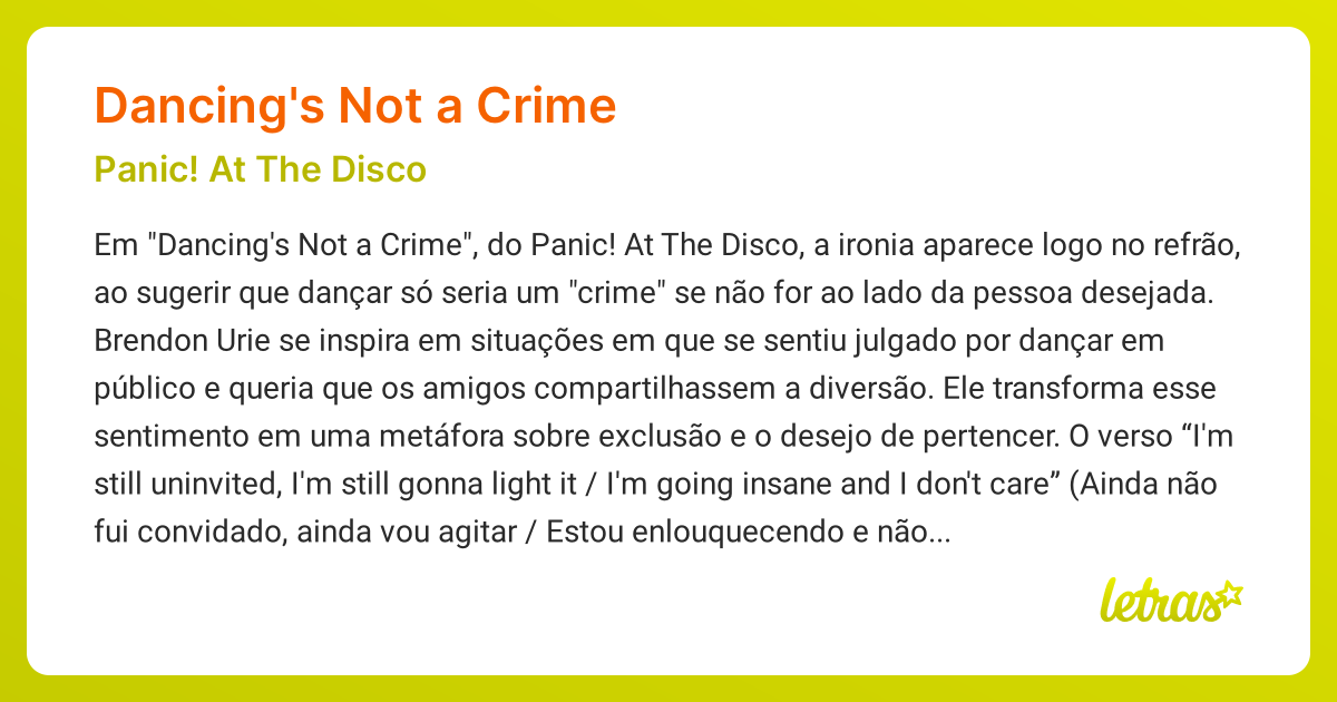 Significado da música DANCING'S NOT A CRIME (Panic! At The Disco ...