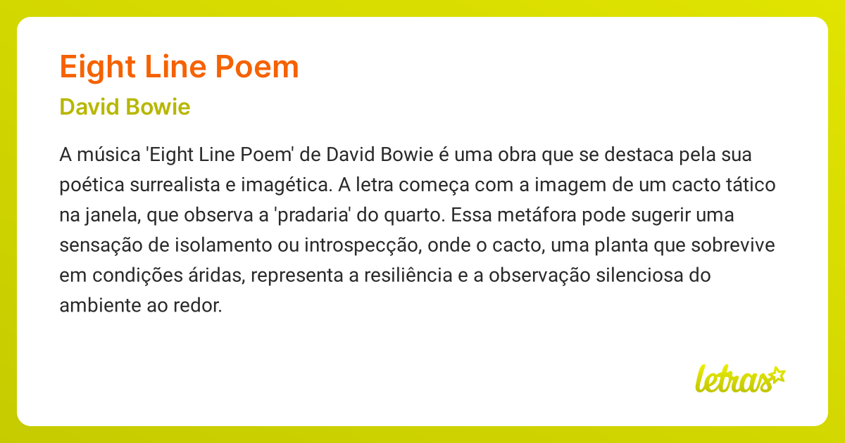 Significado da música EIGHT LINE POEM (David Bowie) - LETRAS.MUS.BR