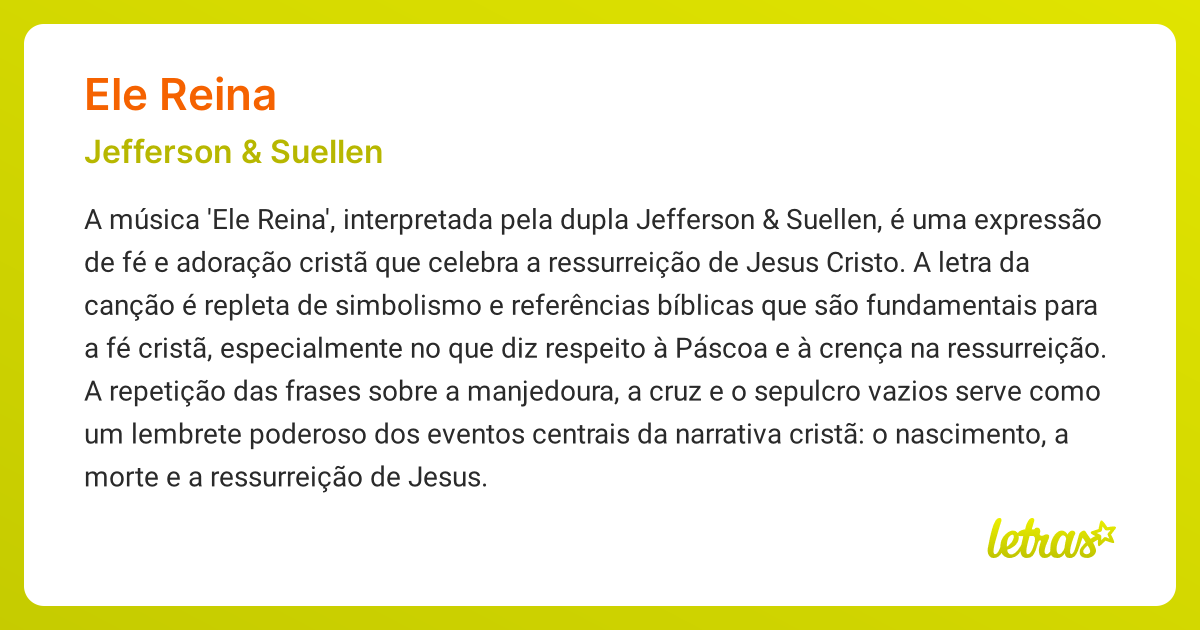 Significado da música ELE REINA (Jefferson & Suellen) - LETRAS.MUS.BR