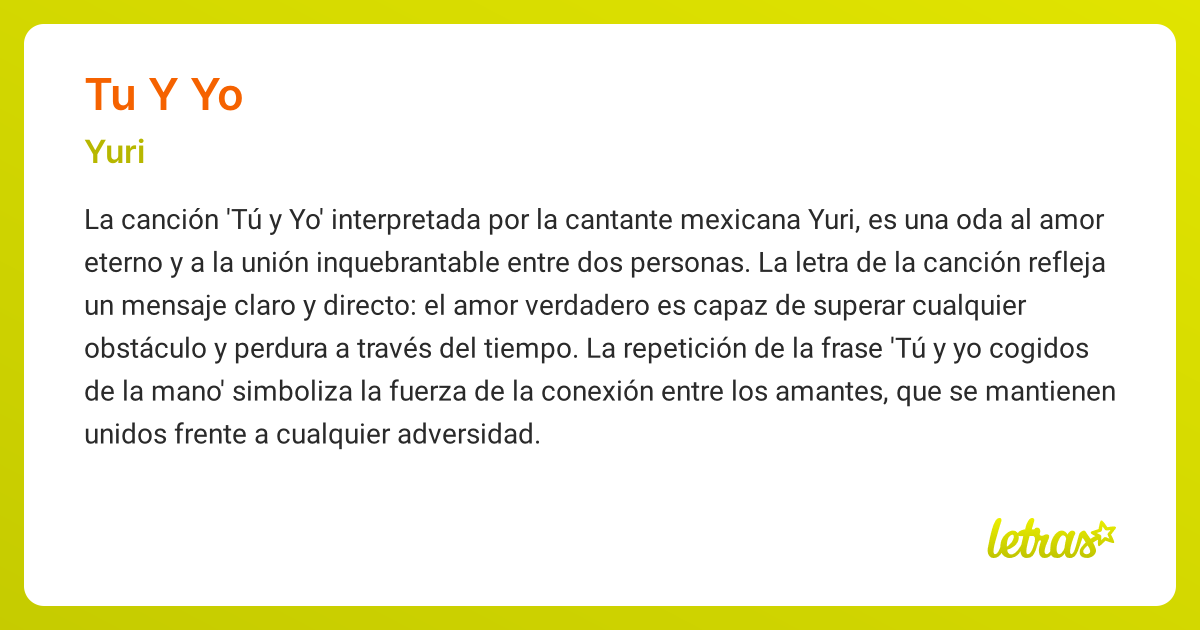 Significado de la canción TU Y YO (Yuri) - LETRAS.COM