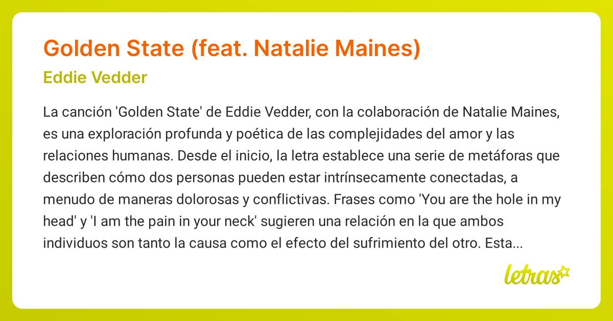 Significado de la canción Golden State (feat. Natalie Maines) (Eddie ...