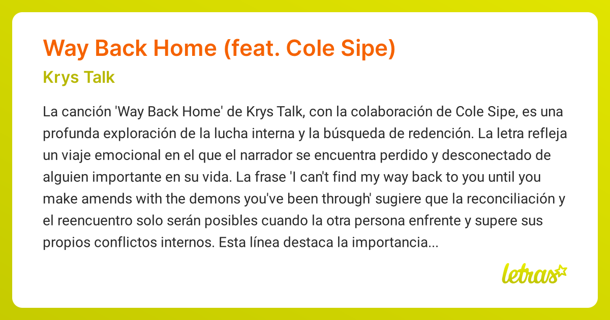 Significado de la canción Way Back Home (feat. Cole Sipe) (Krys Talk ...