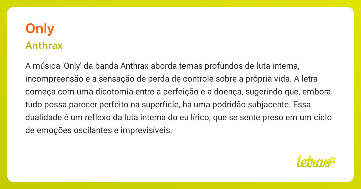 Significado da música ONLY (Anthrax) - LETRAS.MUS.BR