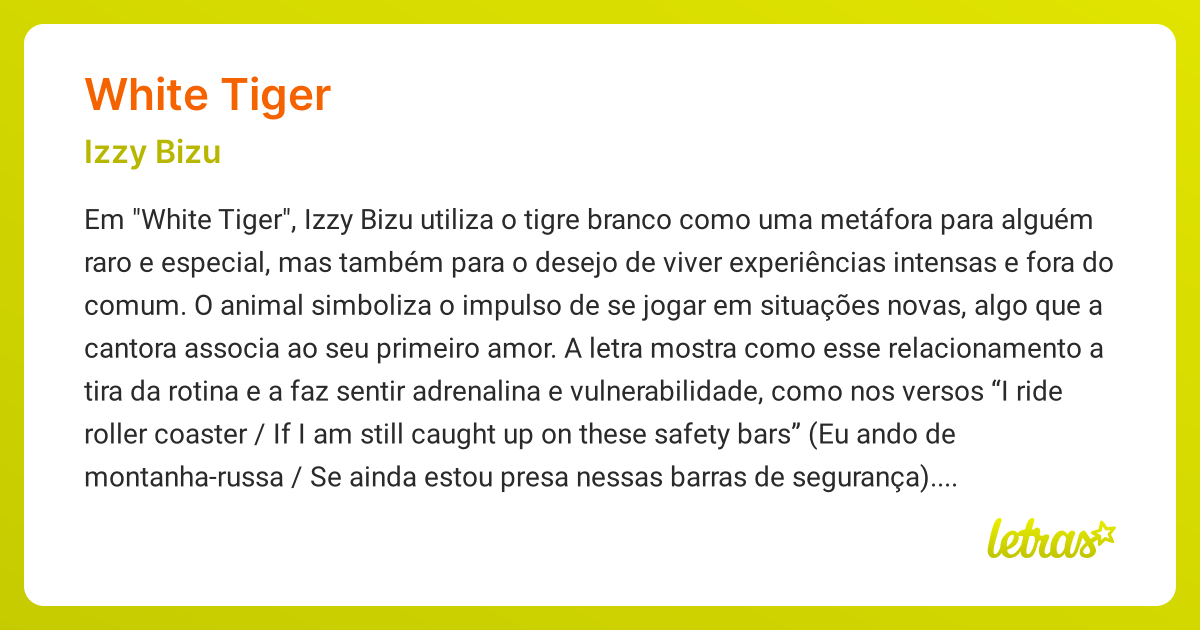 Significado da música WHITE TIGER (Izzy Bizu) - LETRAS.MUS.BR
