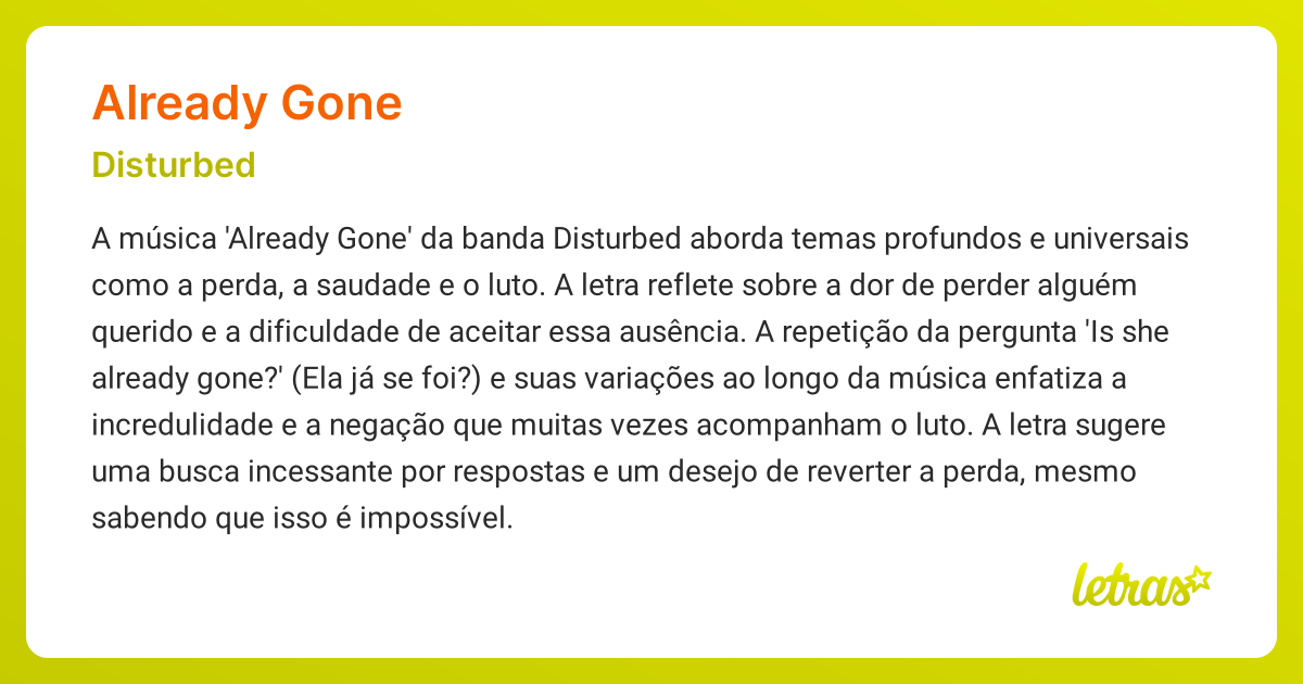 Significado da música ALREADY GONE (Disturbed) - LETRAS.MUS.BR
