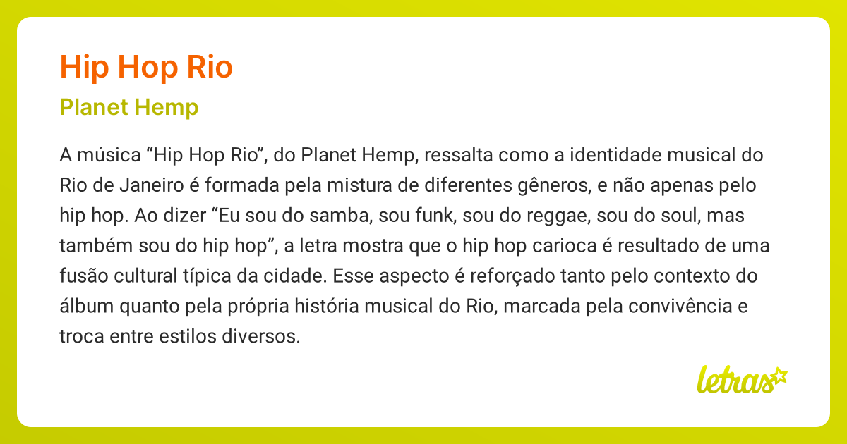 Significado da música HIP HOP RIO (Planet Hemp) - LETRAS.MUS.BR